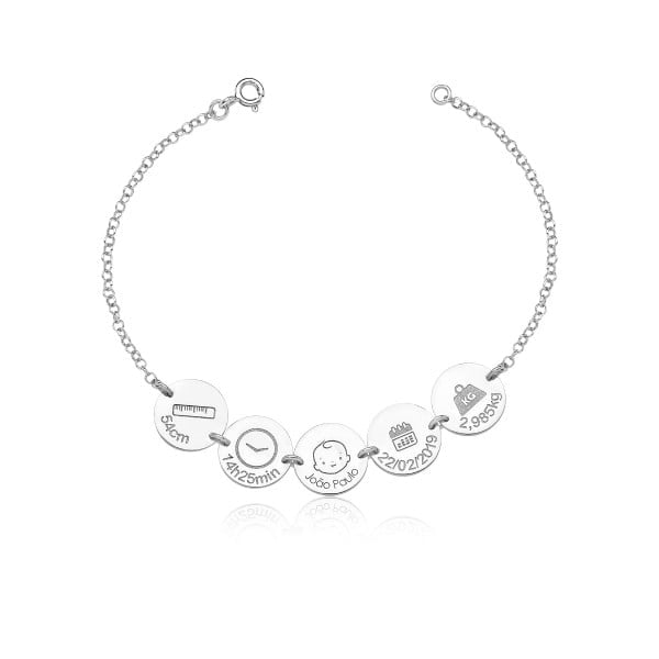 PULSEIRA 18CM COM DADOS DO BEBÊ - Prata 925 - Nome de Prata