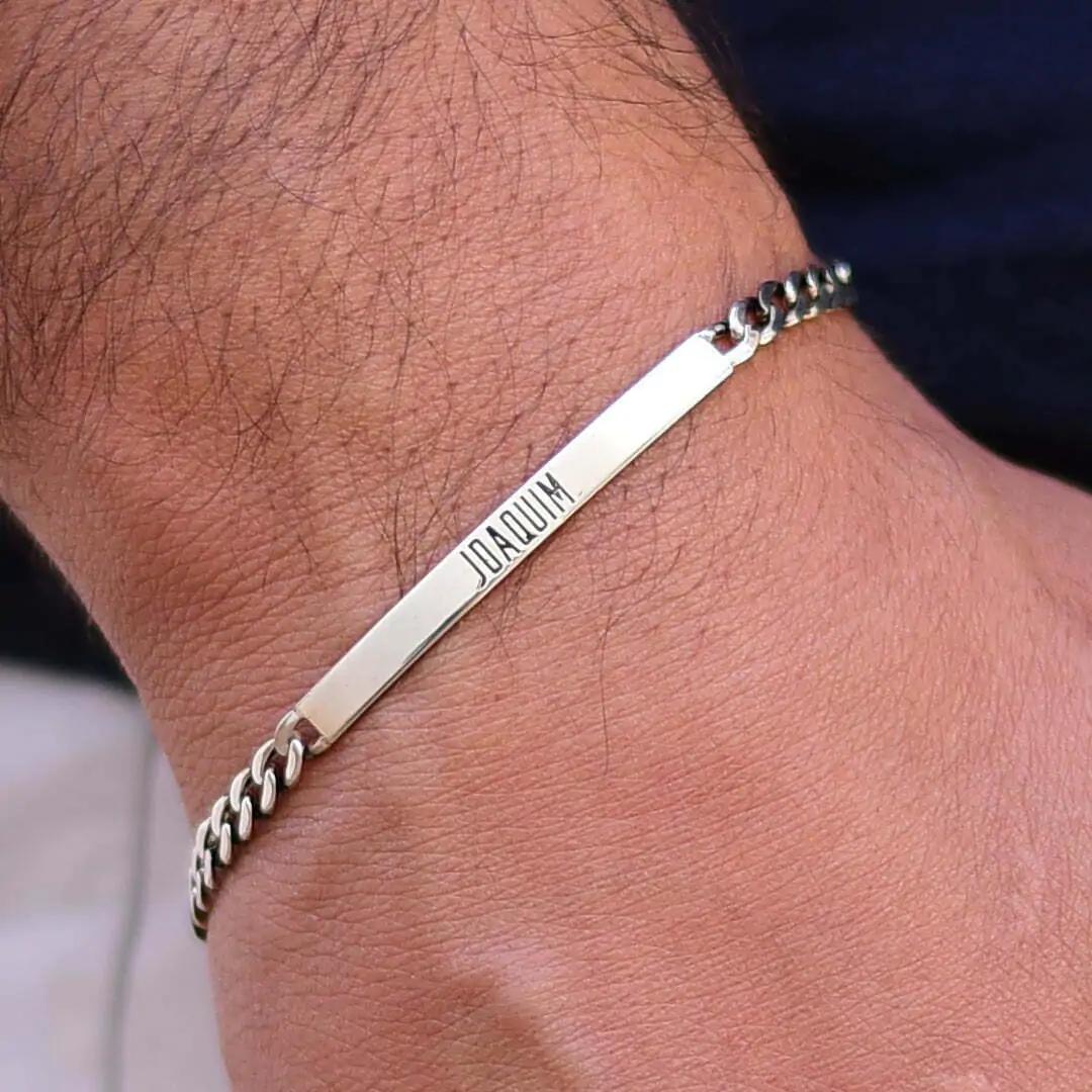 PULSEIRA MASCULINA COM PLACA E CORRENTE GRUMÊ – Prata 925 - Nome de Prata